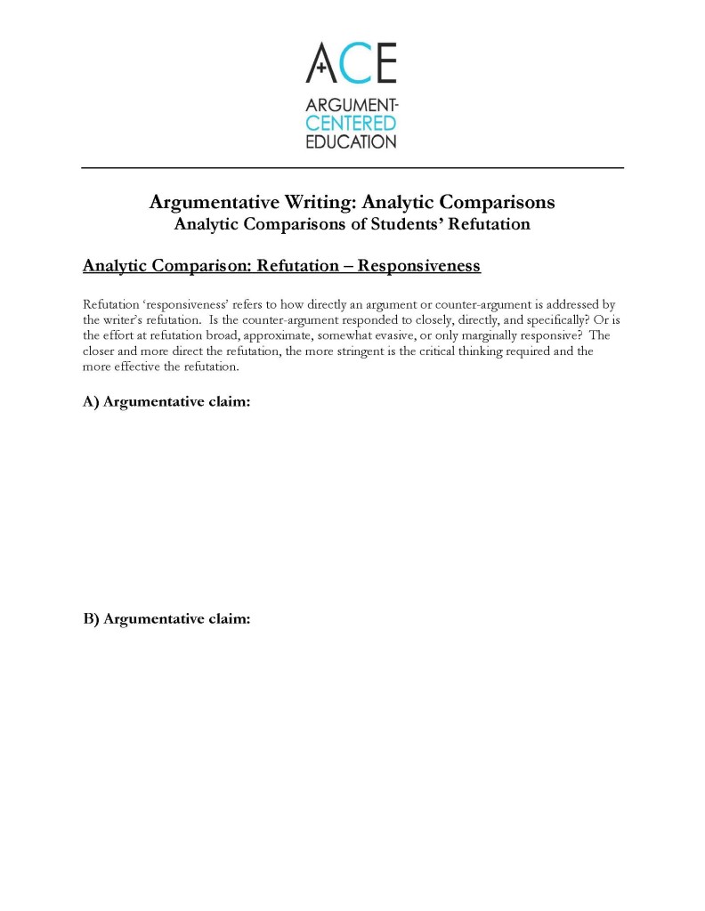 Analytic Comparisons Activity: Student Refutation Writing Samples ...