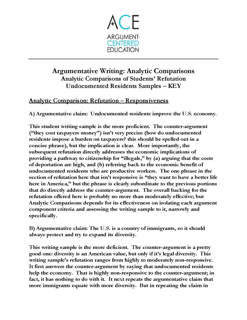 Analytic Comparisons Activity: Student Refutation Writing Samples ...