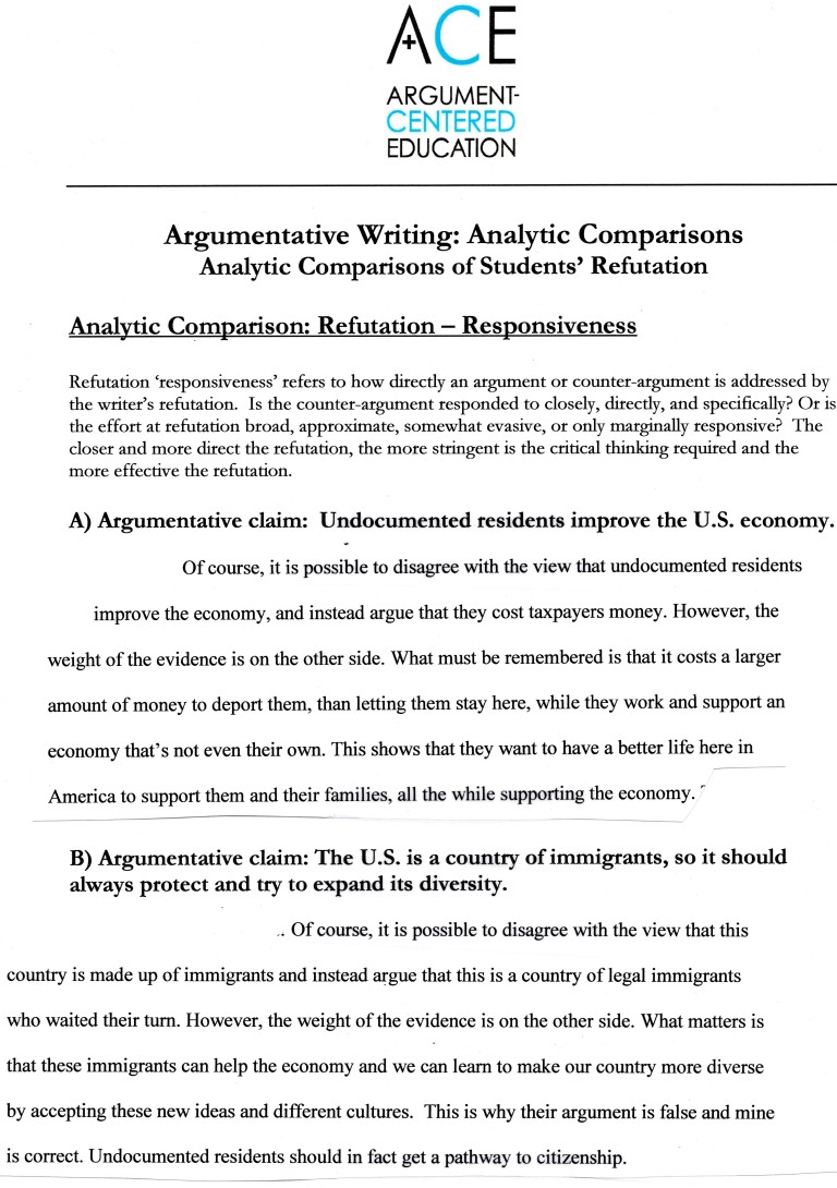 Analytic Comparisons Activity: Student Refutation Writing Samples ...