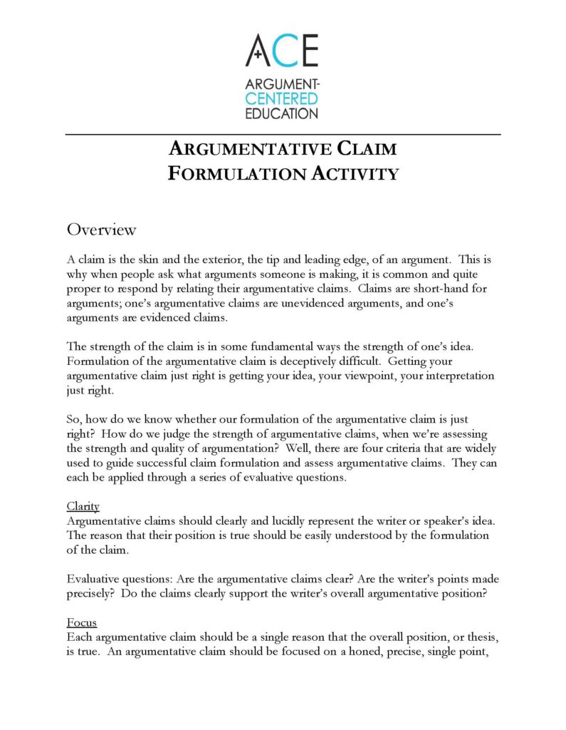 Argumentative Claim Formulation Activity | Argument-Centered Education
