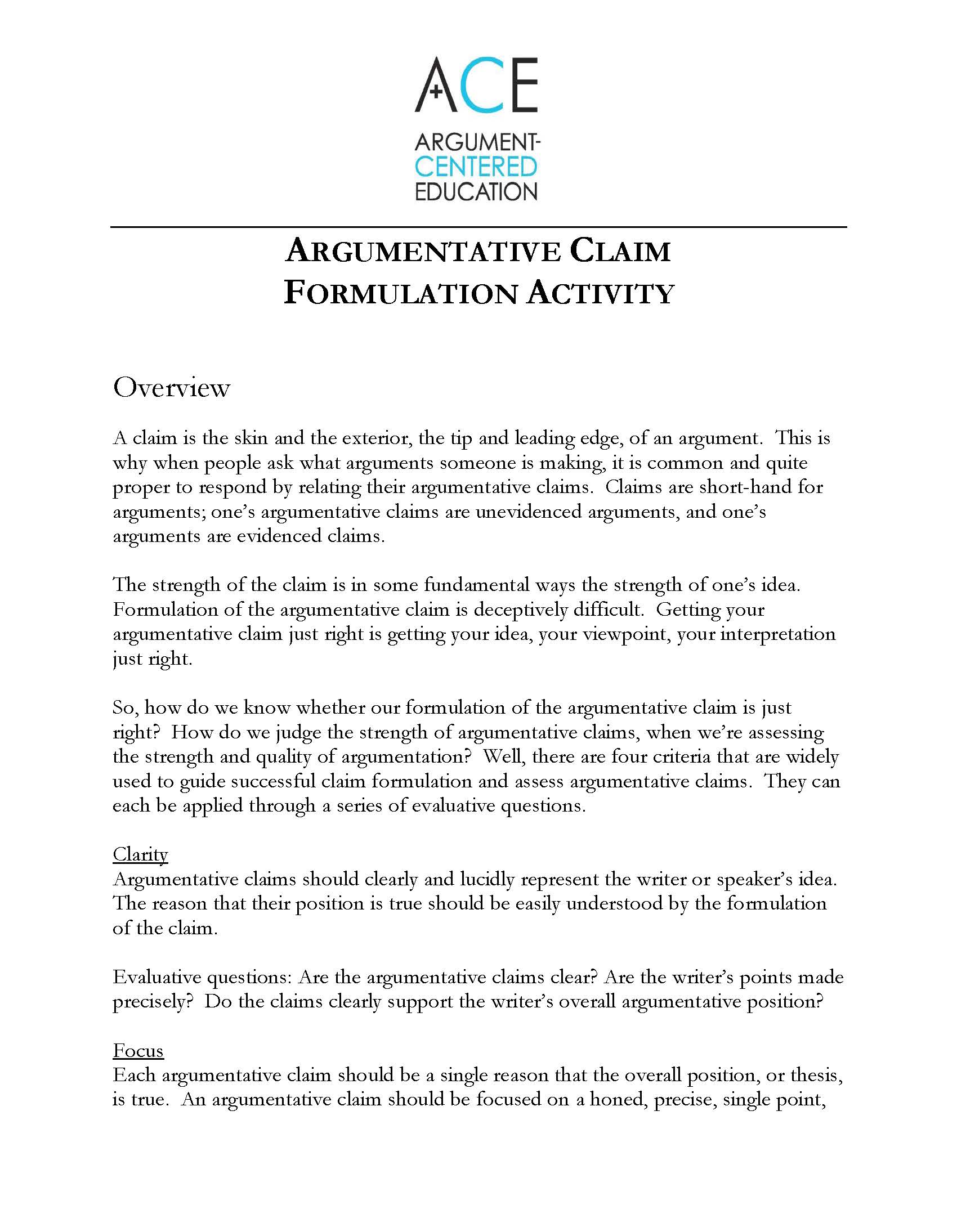 Argumentative Claim Formulation Activity | Argument-Centered Education