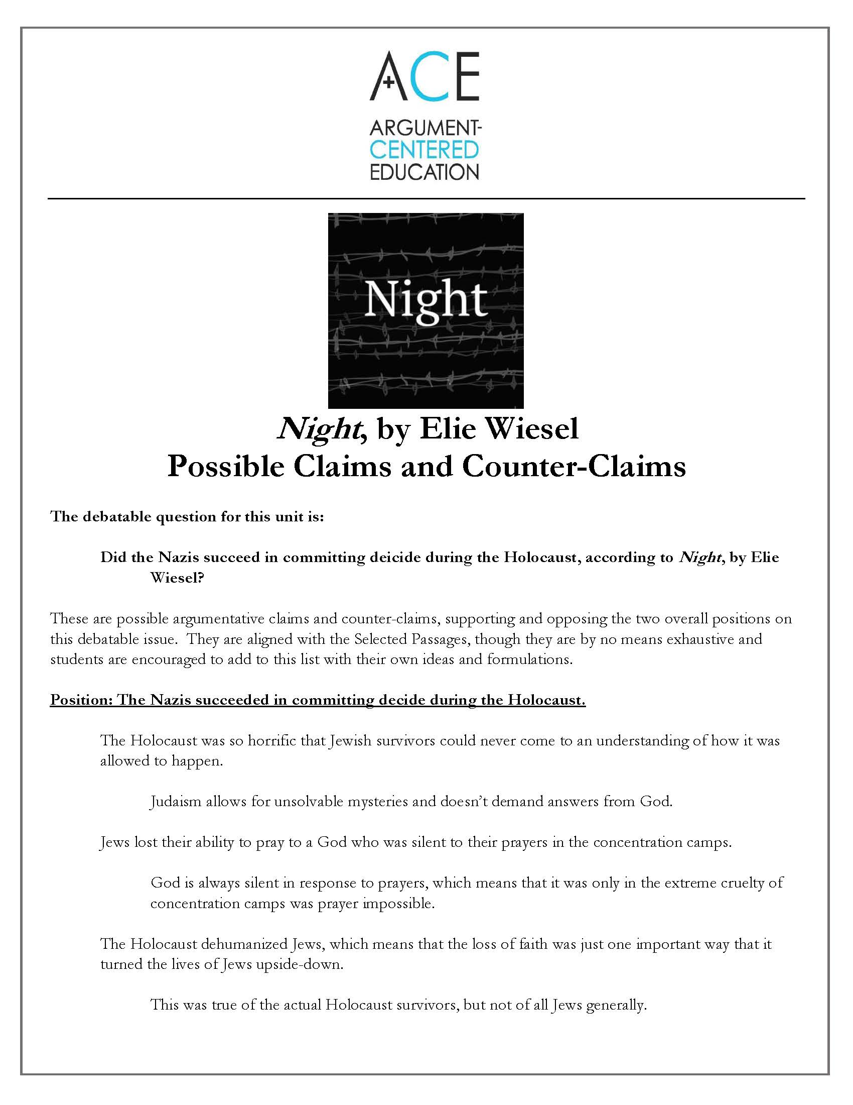 Argumentalizing ‘Night,’ Elie Wiesel’s Holocaust Memoir | Argument ...