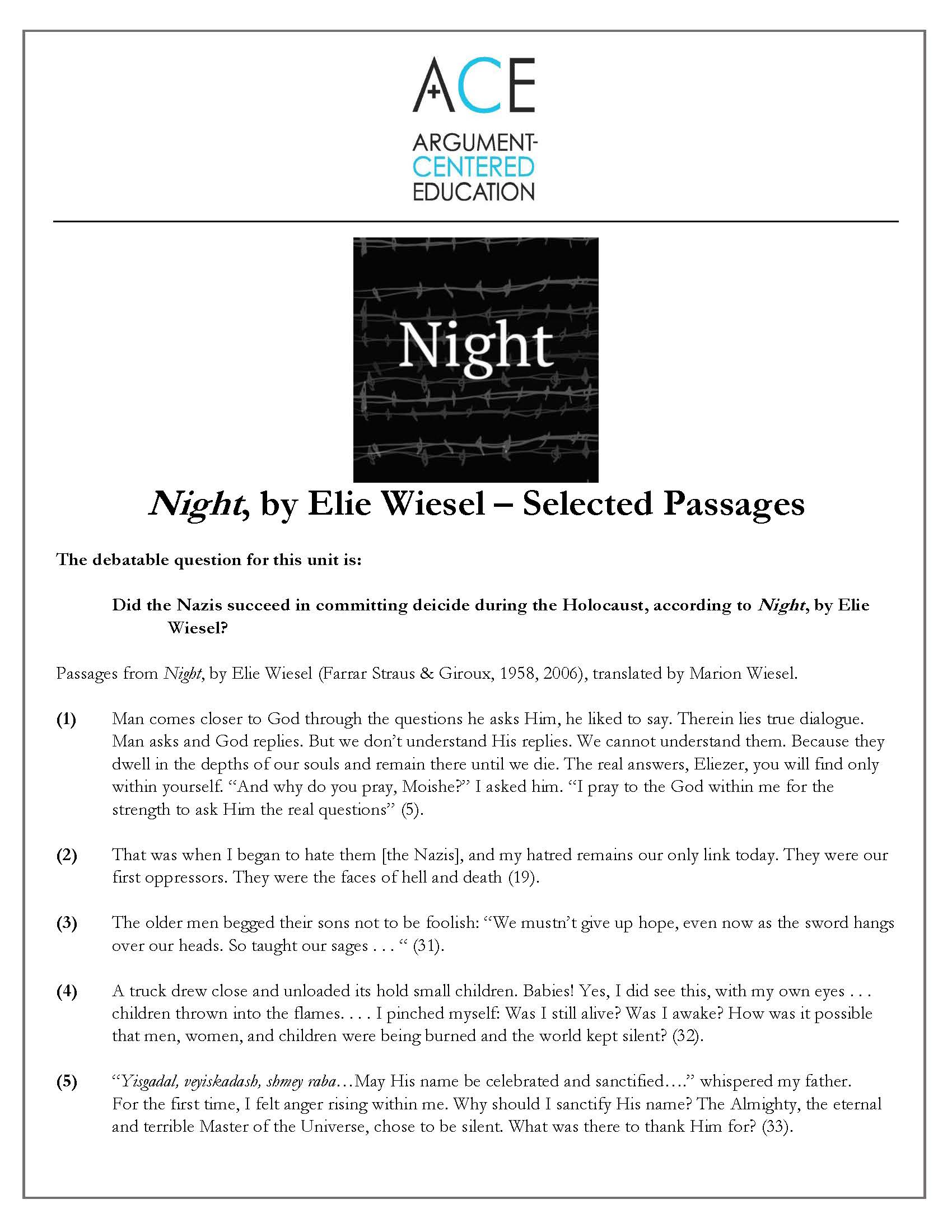 Argumentalizing ‘Night,’ Elie Wiesel’s Holocaust Memoir | Argument ...