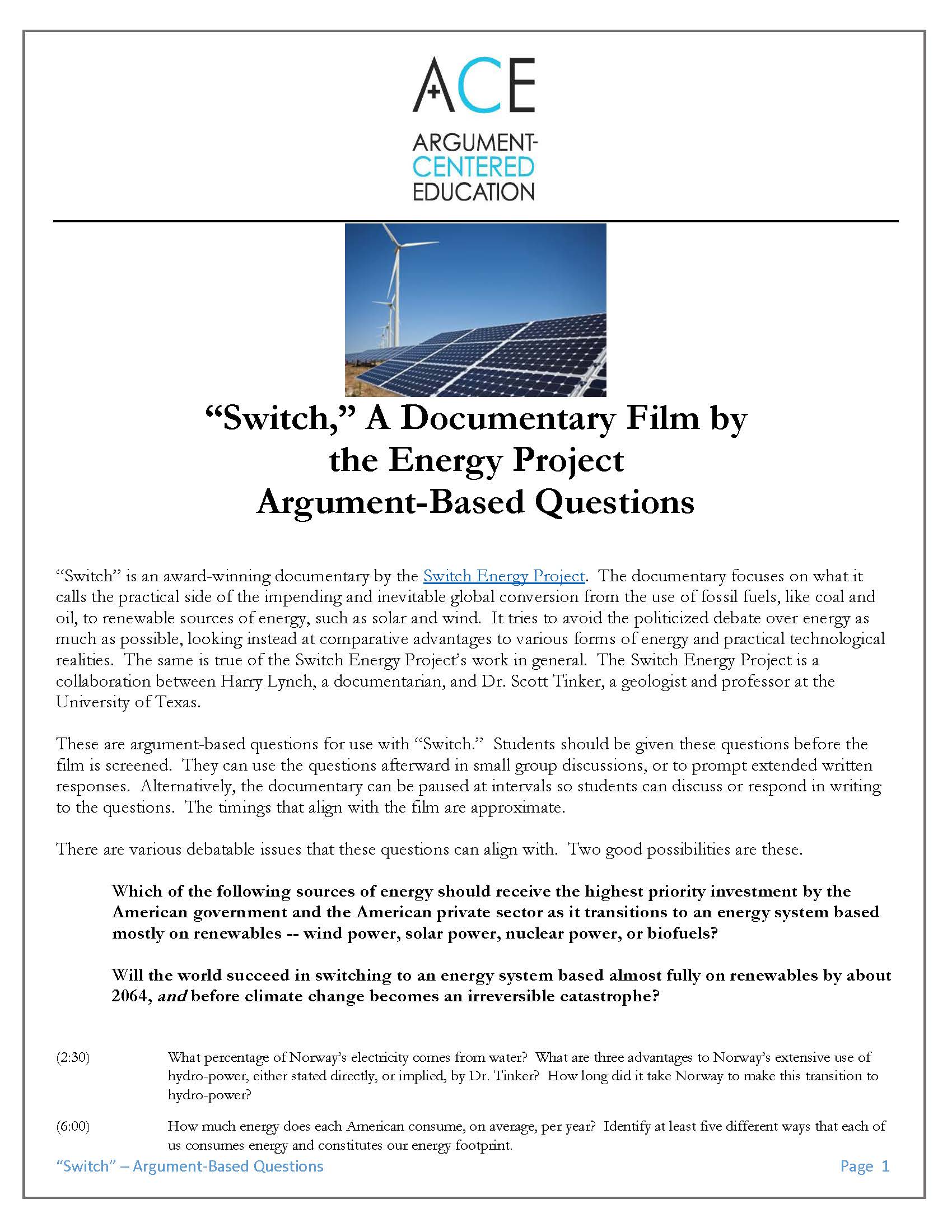 Argumentalizing “Switch,” a Documentary by the Energy Project ...